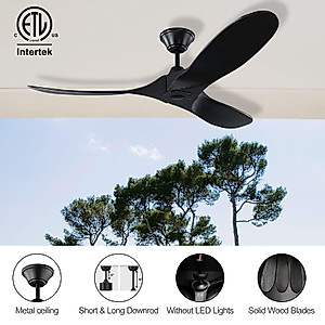 YCGU 60'' Black Ceiling Fan No Light, Outdoor Indoor Wood Ceiling Fan with Remote Control, 3 Solid Wood Blades, Noiseless Reversible Motor, 6-Speed, Easy Install System (60-Inch, Matte Black)