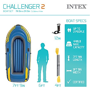 Intex 68367EP Challenger 2 Inflatable Boat Set: Includes Deluxe 48in Boat Oars and High-Output Pump – Triple Air Chambers – Welded Oar Locks – 2-Person – 440lb Weight Capacity
