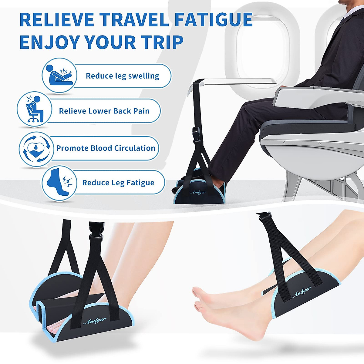 Upgraded Airplane Footrest (Memory Foam), Andyer 2 in 1 Adjustable Foot Rest for Airplane Travel Essentials, Portable Airplane Foot Hammock for Air Plane Flying Long Flight to Relax Your Feet and Leg