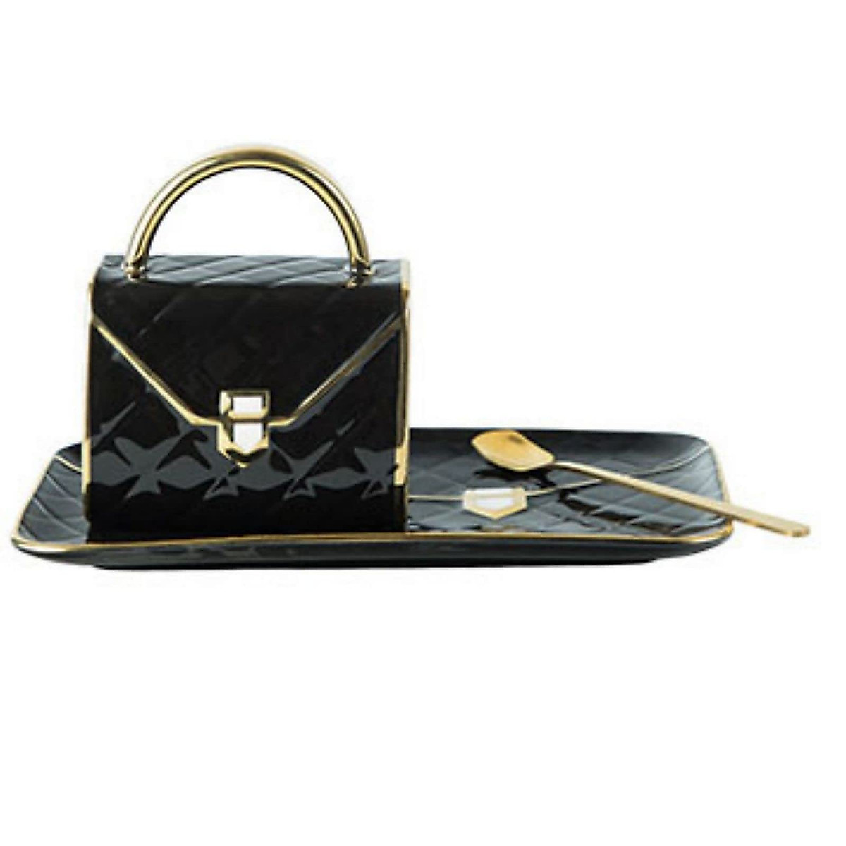 LmlJoo Creative and Adorable Handbag-Shaped Mug with Saucer Cup and Golden Spoon for Enjoying Tea, Juice, Milk, Hot Chocolate or Cappuccino (Black)