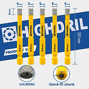 HIGHDRIL Dry Diamond Drill Bits 5Pcs 6mm 1/4" with Quick-fit Hex Shank for Granite Marble Porcelain Tile Ceramic