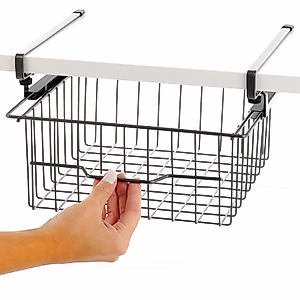 mDesign Compact Hanging Pullout Drawer Basket - Sliding Under Shelf Storage Organizer - Metal Wire - Attaches to Shelving - Easy Install - for Kitchen, Pantry, Cabinet - Graphite Gray