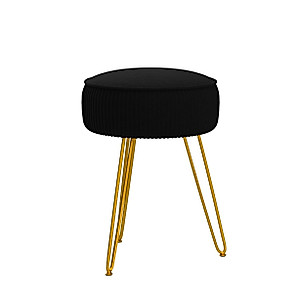 LUE BONA Pleated Vanity Stool, Velvet Upholstered Vanity Stool for Makeup Room, Round Mondern Stool for Vanity, Ottoman Footrest Stool with Metal Legs for Living Room, Bedroom, Black