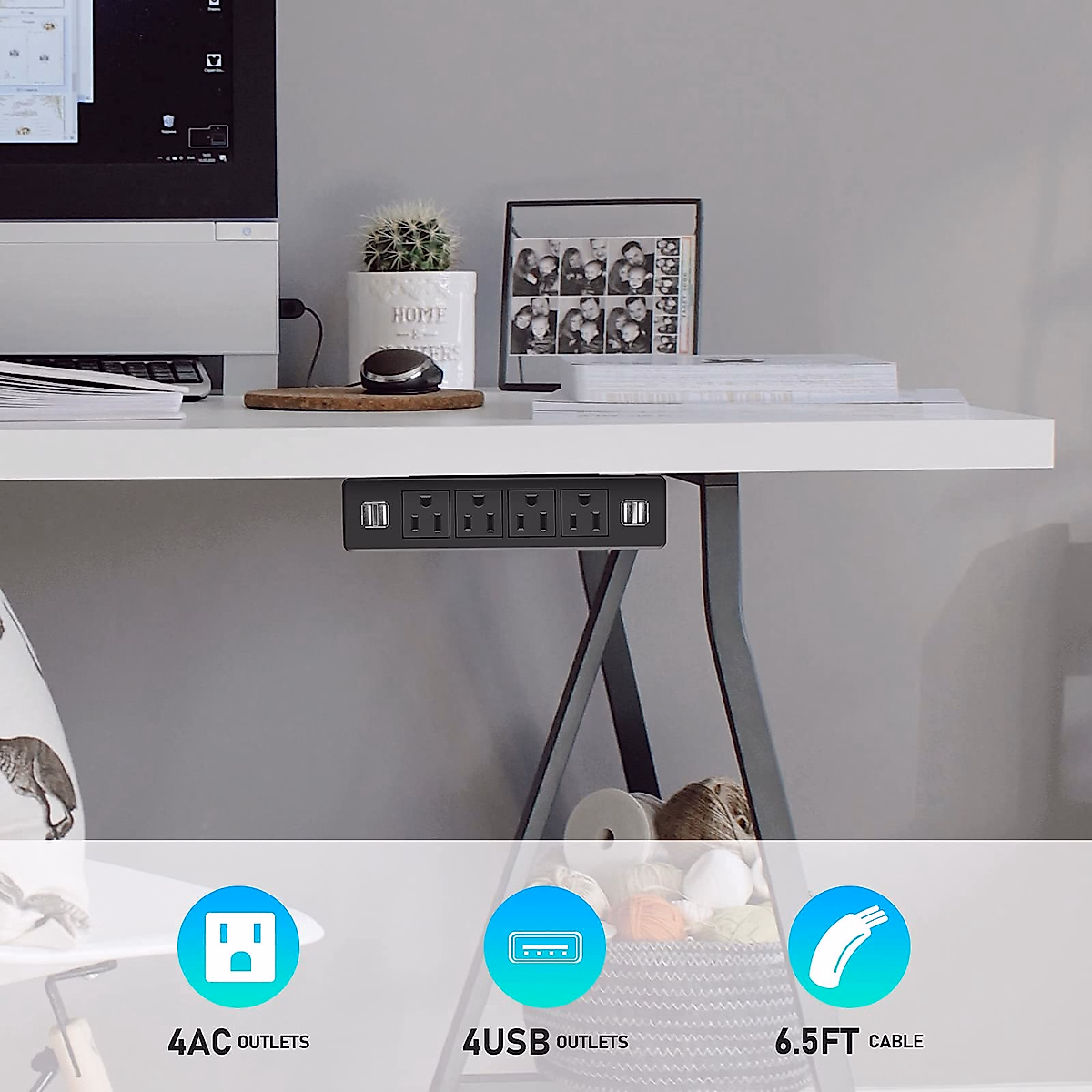 Under Desk Power Strip, Adhesive Wall Mount with USB, Black Desktop Power Outlets, Removable Mount Multi-Outlets with 4 USB Ports, Power Socket Connect 4 Plugs for Home Office Reading
