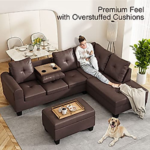 AWQM Upholstered Sectional Sofa w/Chaise Lounge, Modern L Shaped Sofa Couch with Storage Ottoman Bench, PU Leather Sectional Couches with Cup Holder for Living Room Small Space