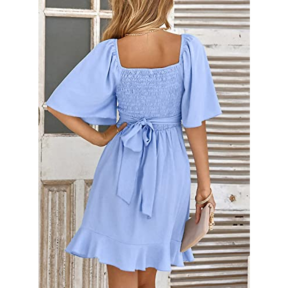 Dokotoo Women's Wrap V Neck Short Flared Sleeve Smocked Elastic Waist Tiered Belted Ruffle Hem Party Short Dress Sky Blue S