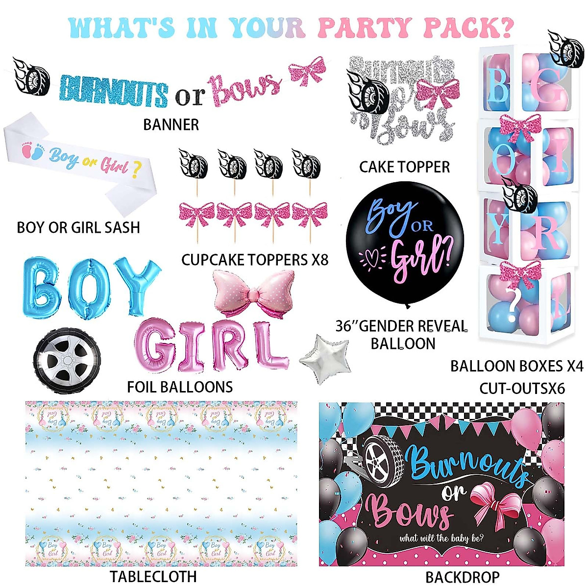 Fiesec Burnouts or Bows Gender Reveal Decorations, Baby Boy or Girl Gender Reveal Party Decorations, What Will the Baby Be Backdrop Balloon Banner Tablecloth Cake Cupcake Topper Box Sash Pink Blue