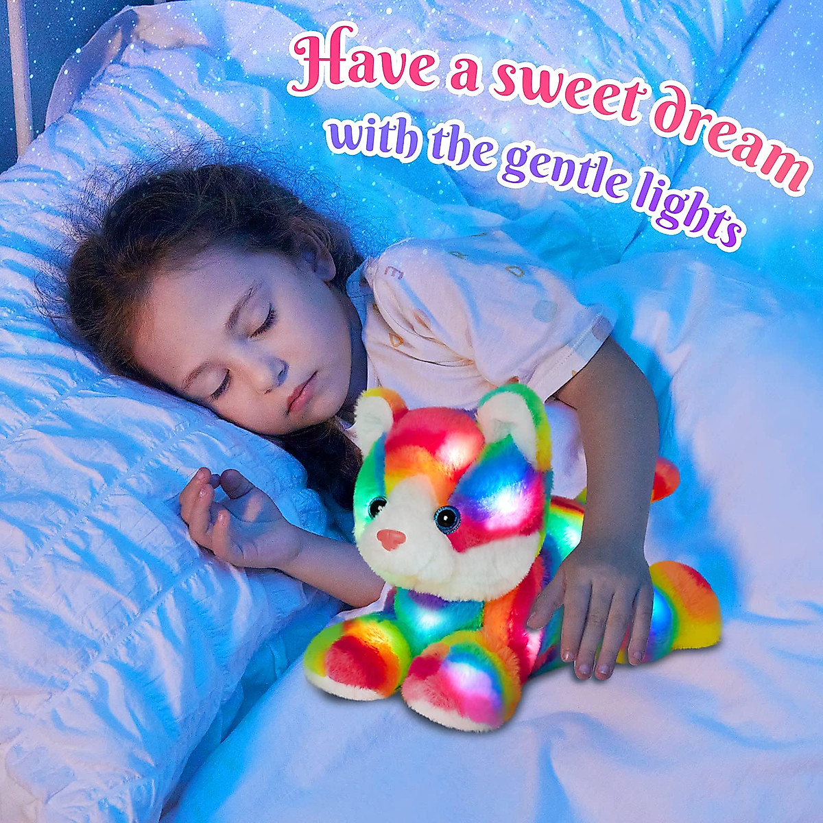Glow Guards 13'' Light Up Rainbow Cat Plush Toy with LED Night Light & Lullaby for Kids, Soft Stuffed Animal Christmas & Birthday Gift