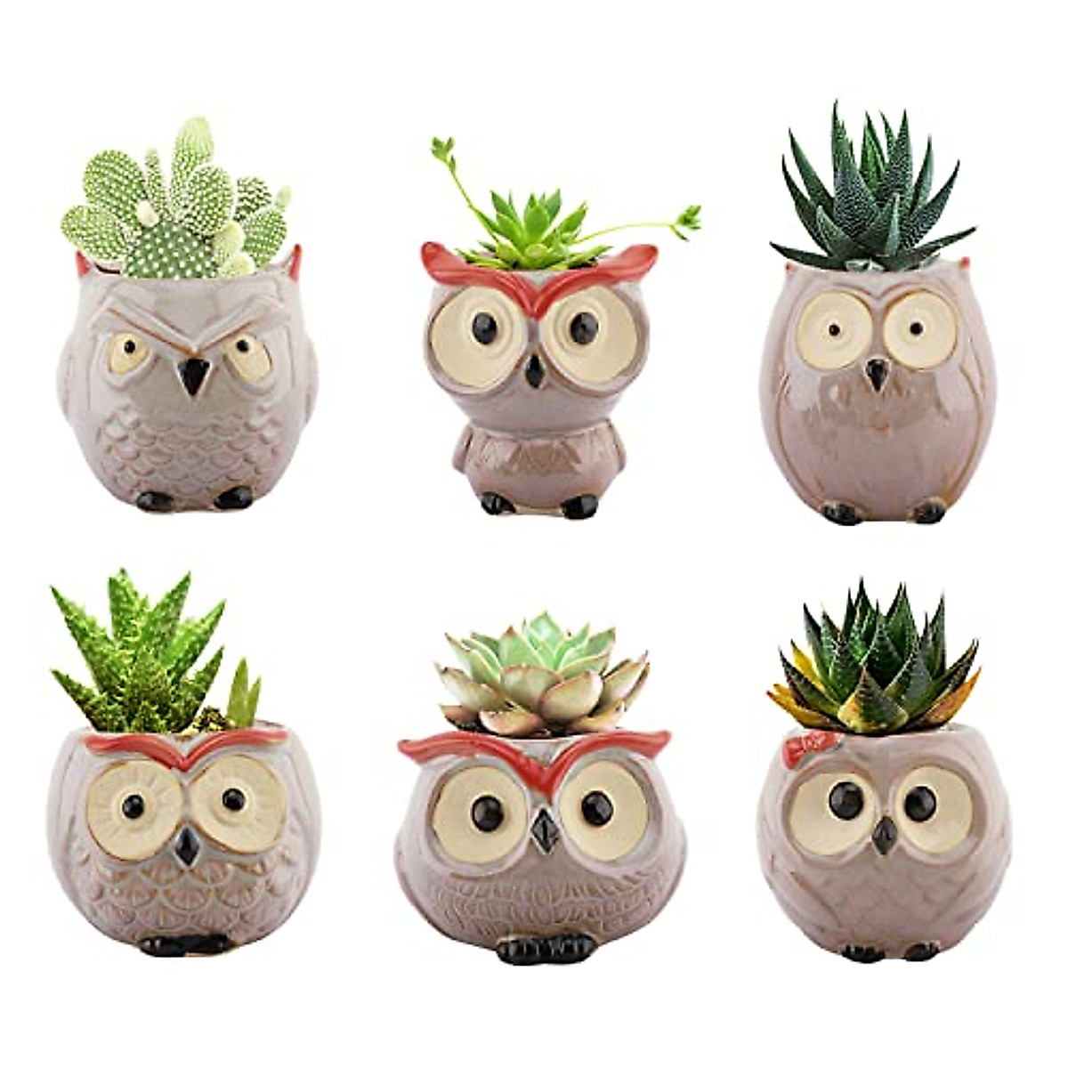 Lewondr Succulent Plant Pots, 6 Pack 2.5 Inch Mini Small Ceramic Owl Shaped Flower Pots with Drainage Holes, Flowerpots Planter Container Set for Home Office Desk Shelf Garden Patio Balcony Décor, 02