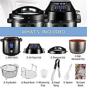 Transonic OPA160 Pressure Cooker Air Fryer Combo, 6 Quart 1500W Multi Cooker Pressure Cooker Air Fryer, All in 1 Pressure Cooker with Air Fryer Lid, Large LED Display, Black Metallic