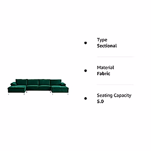 Casa Andrea Milano Modern Large Velvet Fabric U-Shape Sectional Sofa, Double Extra Wide Chaise Lounge Couch, Shamrock