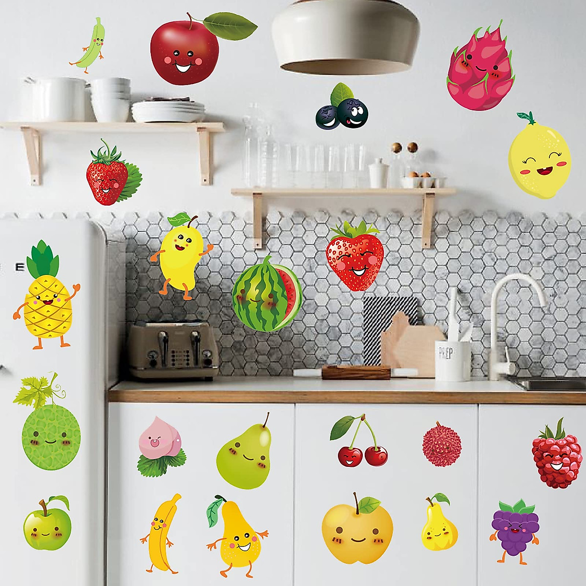 Cartoon Fruit Wall Sticker DIY Kitchen Green Fruit Apple Watermelon Pear Banana Sticker Decorative Peel and Stick Glass Door Refrigerator Door Window Restaurant Wall Sticker