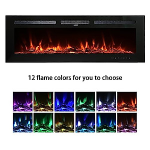 50 Inch Electric Fireplace Wall Mounted Linear LED Flame Fireplace with Remote Control,Timer,Touch Screen,Multicolor Flames,750/1500W Recessed in Wall Fireplace Heater for Living Room