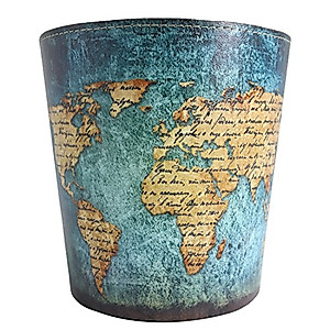 Scakbyer Wastebasket, Retro European Style Household Home Office Round PU Leather Waste Bin Paper Basket Trash Can Dustbin Garbage Bin Waste-Paper Basket Ashcan Ashbin Without Lid - World Map