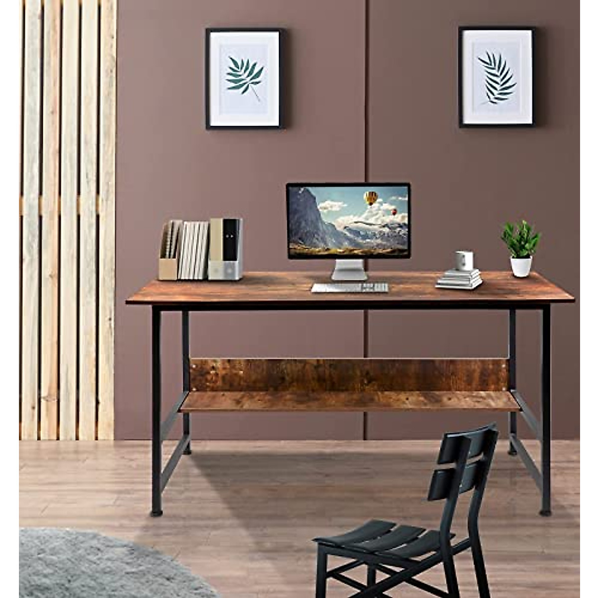 BROWN-BROWN 55 Inch Computer Desk, Home Office Desk with Extra Storage, Personal Laptop Pc Workstation, Student Study Desk, Metal Frame Wood Table for Reading Writing, Rustic Brown (55'')…