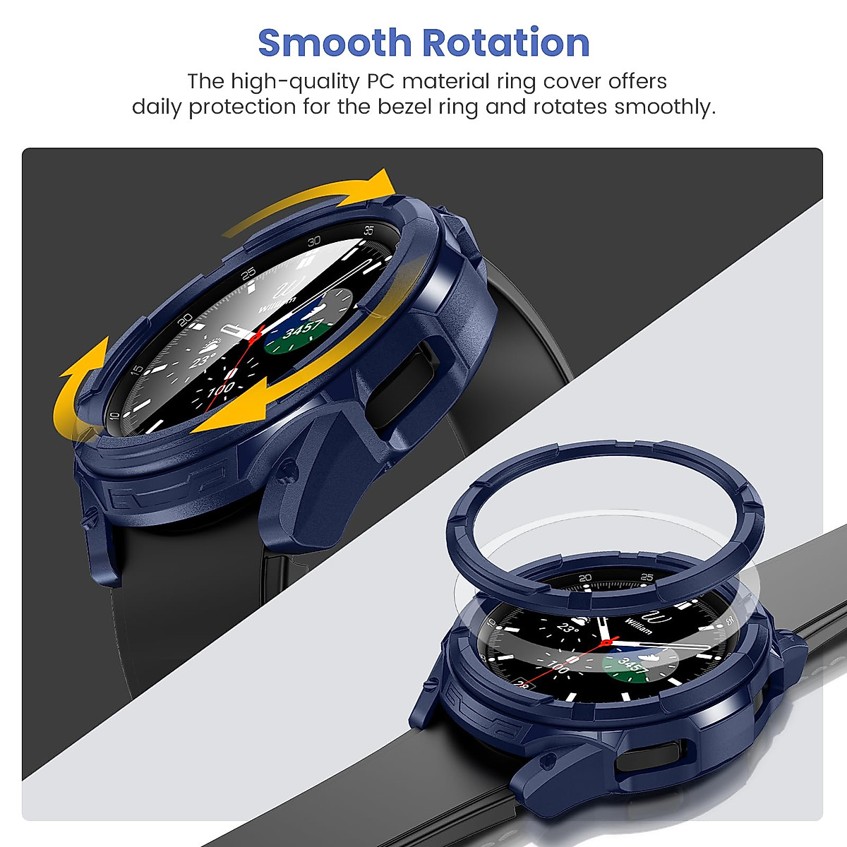 Goton 3 in 1 Accessories for Samsung Galaxy Watch 4 Classic 46mm, 1 Rugged TPU Armor Bumper Case Cover +2 Tempered Glass Screen Protector Films + 1 Bezel Ring for Galaxy Watch4 Classic 46mm Blue