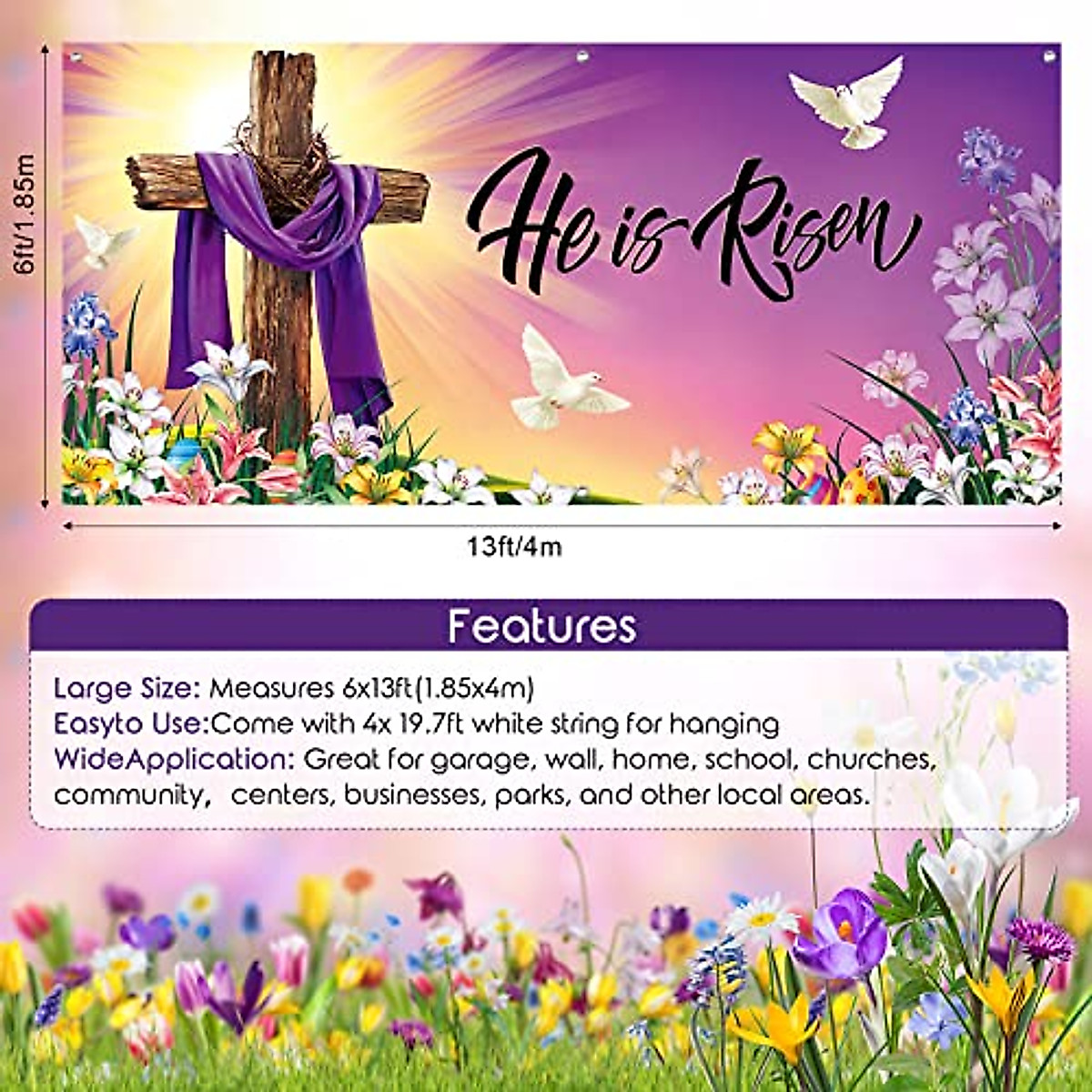 Outdoor Easter Garage Door Banner Cover He is Risen Backdrop Easter Decorations Extra Large Jesus Cross Religious Banner Background for Spring Home Outdoor Indoor Easter Party Supplies 6.1 x 13 ft