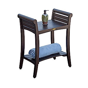 DecoTeak Symmetry Teak Shower Bench 24" Long Extended Height Wood Shower Stool with Shelf and LiftAide Arms Shower Bench in Woodland Brown Finish