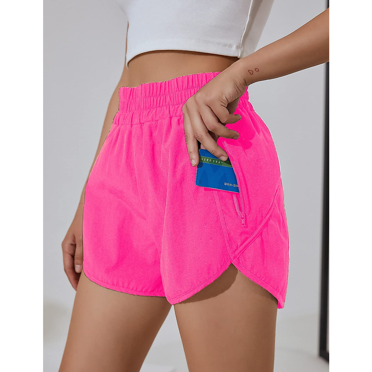 BMJL Women's Running Shorts Elastic High Waisted Shorts Pocket Sporty Workout Short Quick Dry Athletic Shorts Pants(M,Hot Pink)