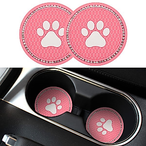 2PCS Universal Bling Car Cup Coaster, Rhinestone Car Accessories, 2.75 inch Dog Paw Car Cup Holder Insert Mat Pad Set,Suitable for Most Car Interior (Dark Pink)