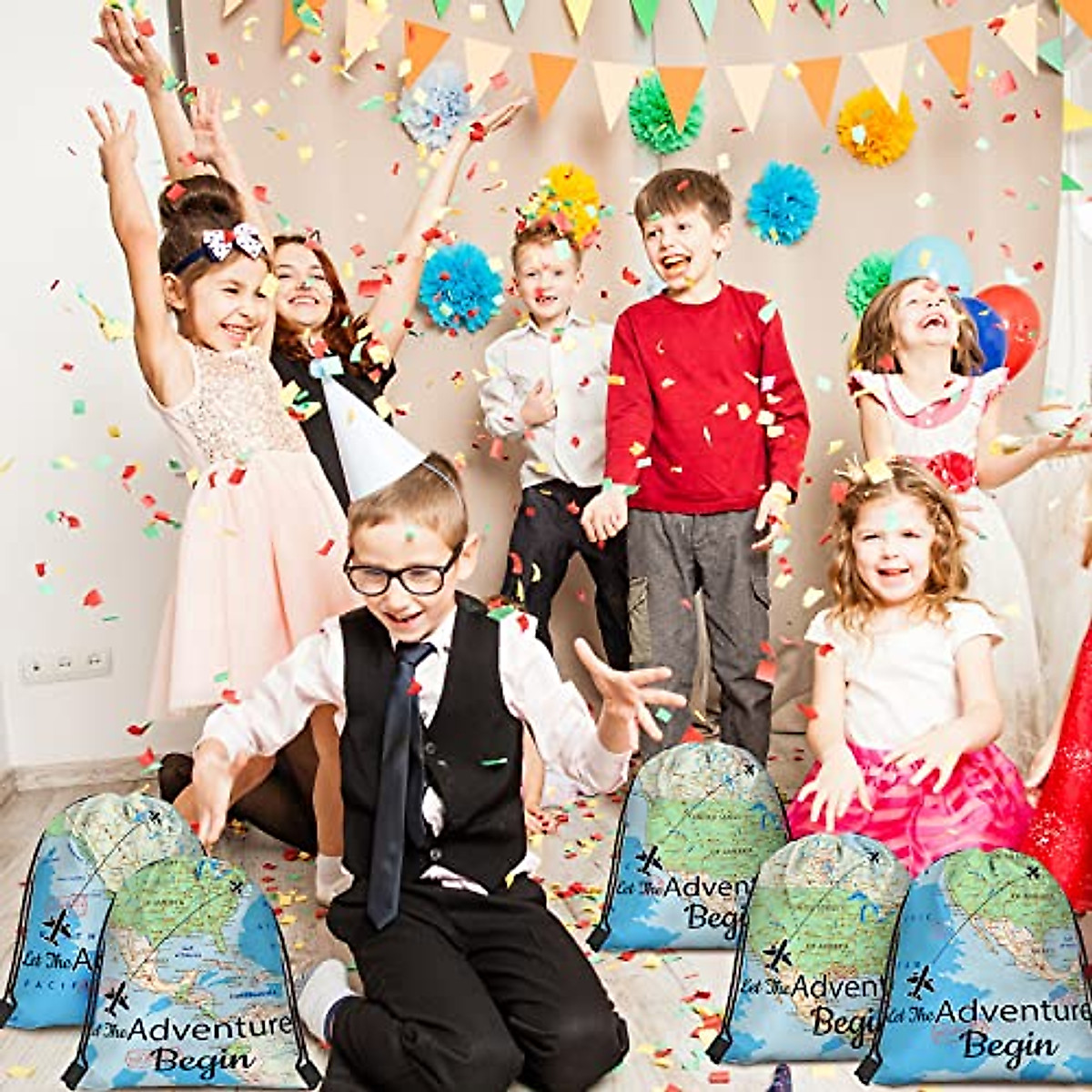 Ferraycle 16 Pieces World Map Drawstring Bags Let the Adventure Begin Travel Farewell Themed Party Decorations Travel Party Candy Goodie Bags for Kids (Classic Style)