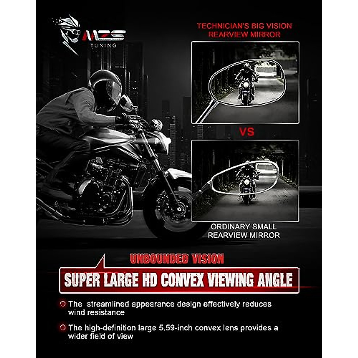 MZS Motorcycle Mirrors Chrome | Universal 10MM 8MM Rear View Side Mirror 360 Degree Adjustable Handlebar Compatible with Street Bike Cruiser Touring Chopper Scooter GY6