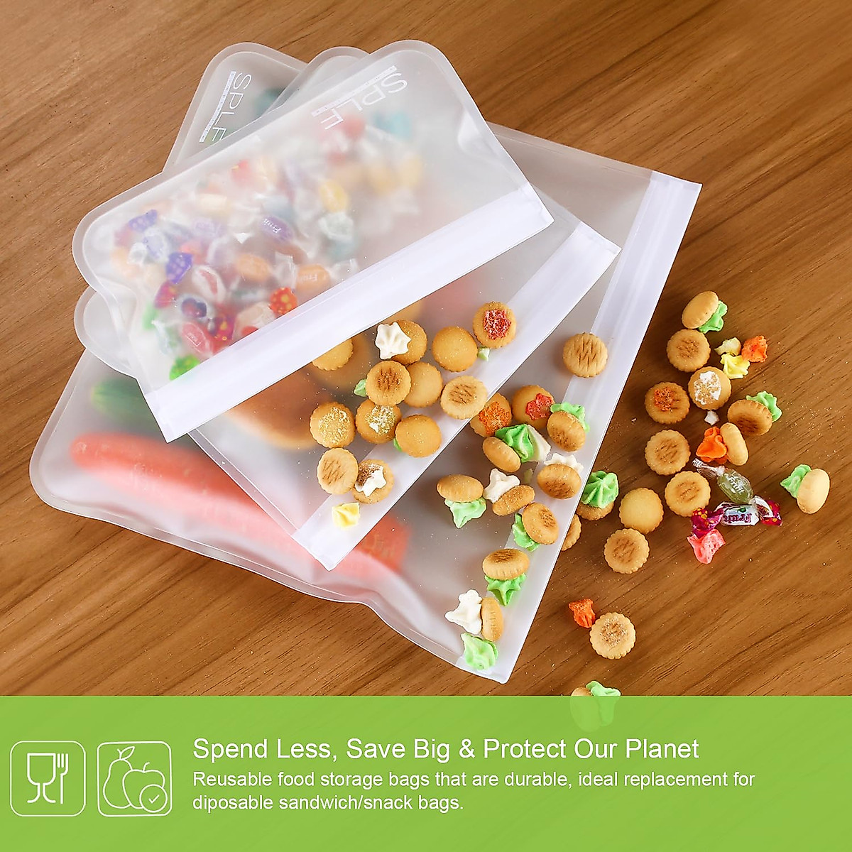 SPLF 10 Pack Dishwasher Safe Reusable Sandwich Bags, Reusable Storage Bags, BPA Free Quart Freezer Bags Leakproof Silicone and Plastic Free Lunch Bags Food Storage