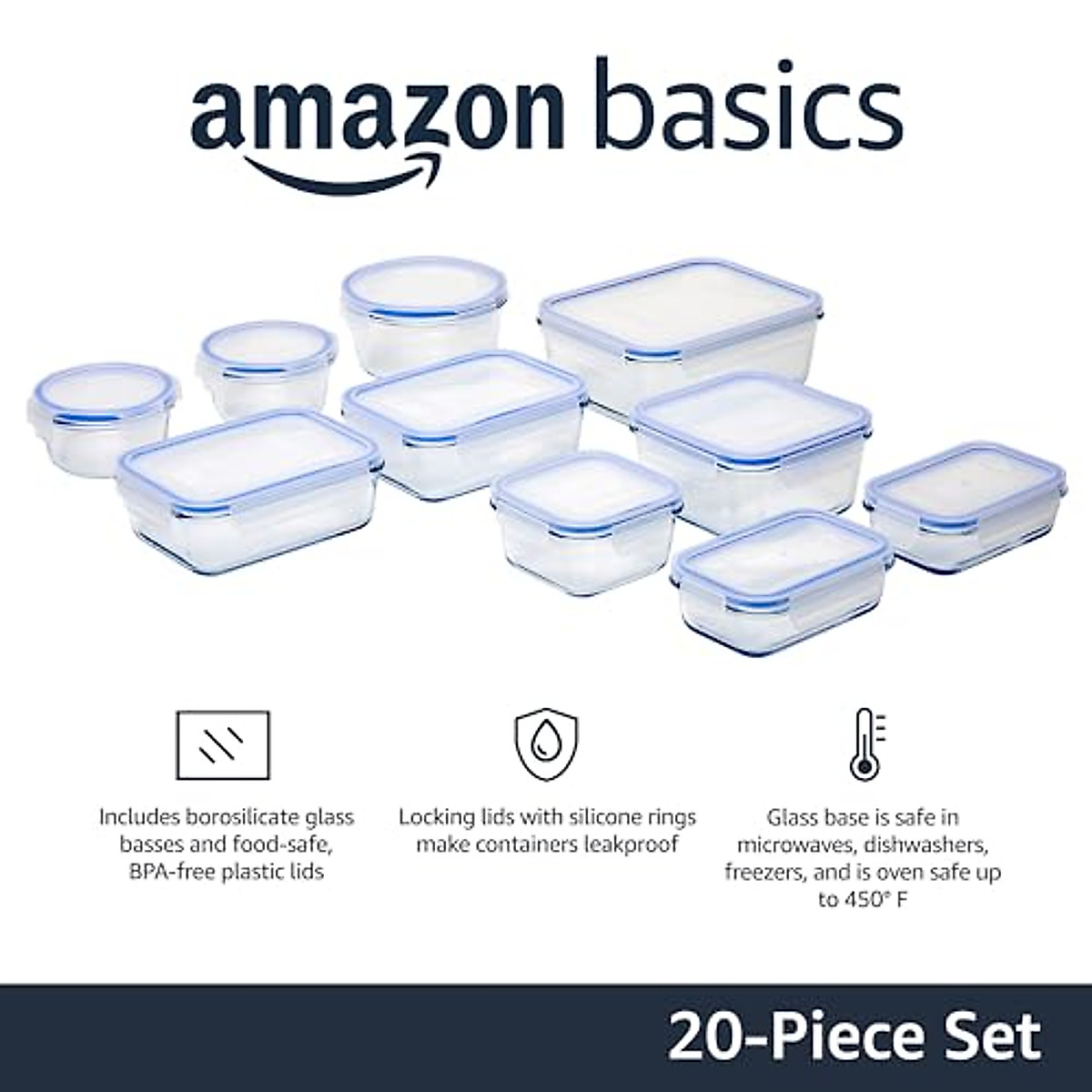Amazon Basics 20-Piece Glass Food Storage Containers, 10 Count of Bases and Plastic Lids, Transparent, Blue