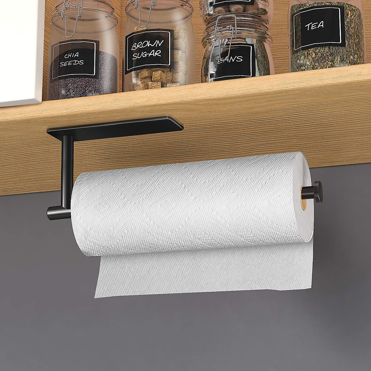 TOFIIGREM Paper Towel Holder with Adhesive Under Cabinet Mount- No Drilling Towel Bar Holder Wall Mount Sticky Paper Towel Rack Stick on Wall for Home Kitchen, Stainless Steel Black