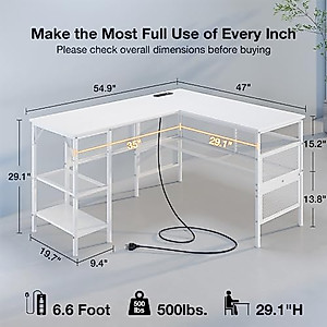 Mr IRONSTONE L Shaped Desk with Power Outlet, Computer Desk with Storage Shelves, Gaming Desk with USB Charging Port, Home Office Corner Desk, L-Shaped Office Desk for Studying/Writing/Gaming - White