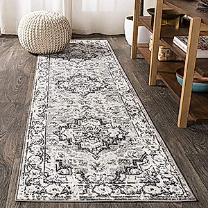 JONATHAN Y BMF110A-28 Denia Ornate Geometric Medallion Indoor Area-Rug Bohemian Floral Easy-Cleaning High Traffic Bedroom Kitchen Living Room Non Shedding, 2 X 8, Dark Gray
