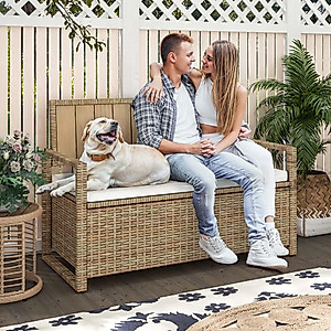 DWVO 70 Gallon Outdoor Storage Bench, Weather-Resistant Deck Box Bench, Wicker Storage with Cushion Seating for Patio, Outdoor, Pool and Garden (Tan)