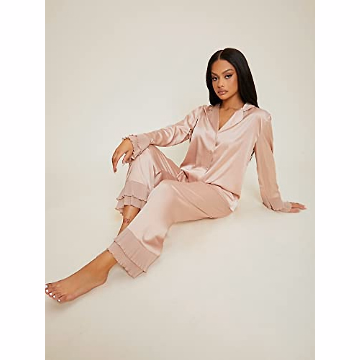 Verdusa Women's Satin Notch Collar Blouse and Ruffle Hem Pants PJ Set Champagne M