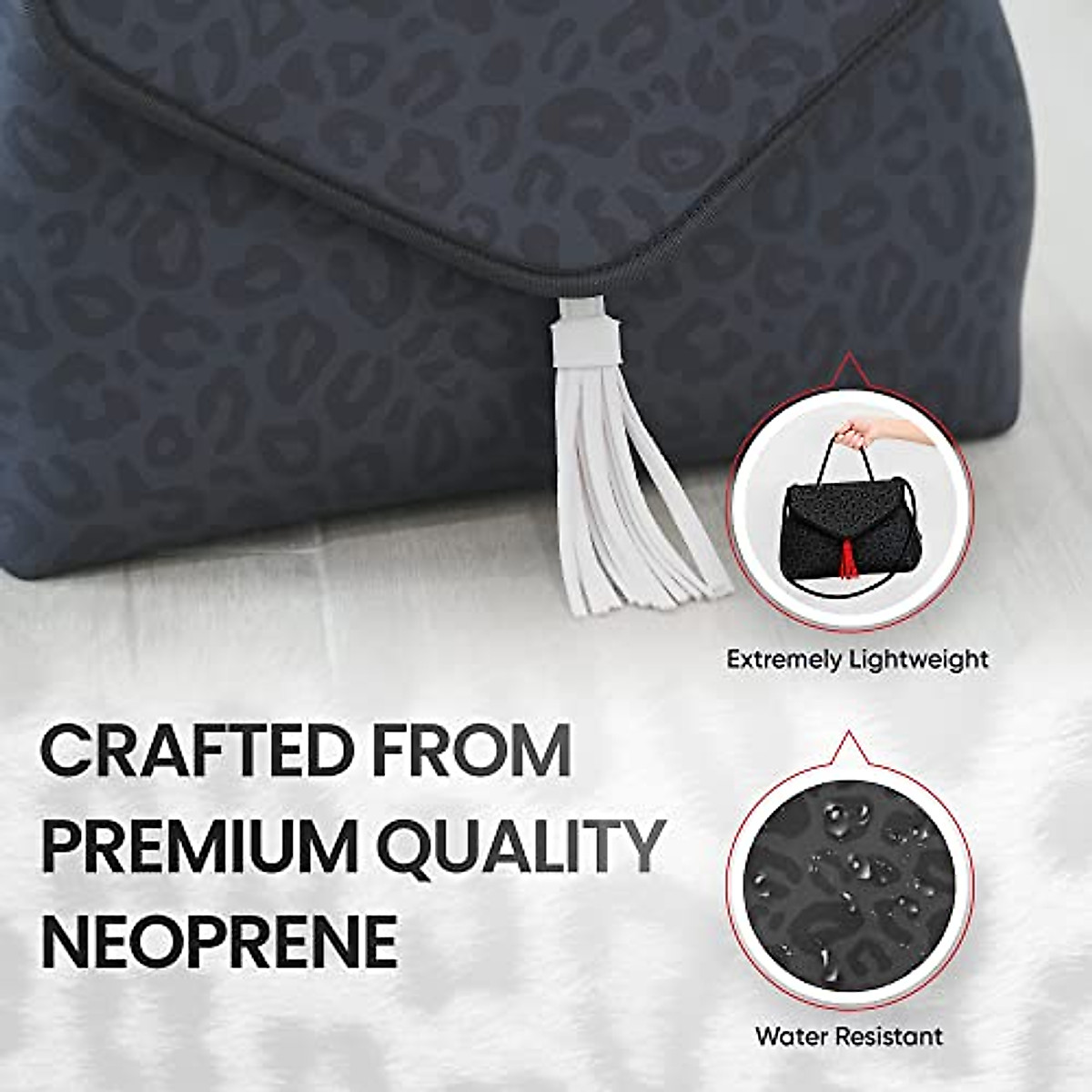 Cris Tassel Neoprene Tote Bag for Women - Crossbody Purse and Shoulder Bag - Neoprene Bag Leopard Print - Interchangeable Tassel Colors - Multipurpose Travel Purse, Beach Bag, Gym Bag, Pool Bag