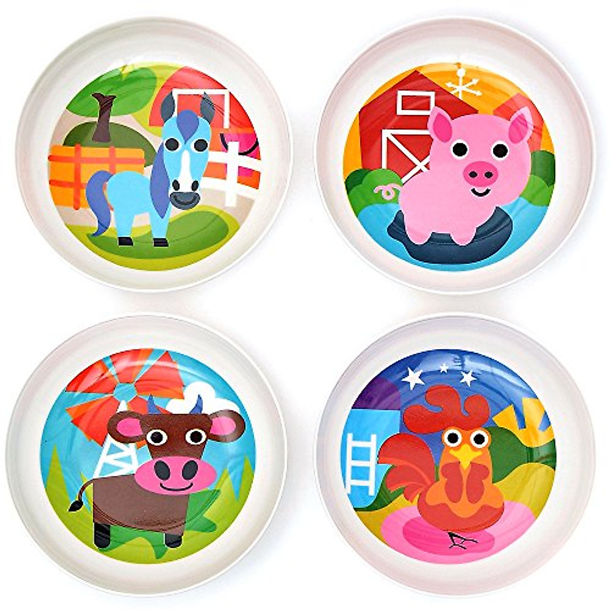 French Bull 4pc Toddler Kids Feeding Melamine Tableware Flatware BPA Free Dishwasher Safe, Durable Plate, Cup, bowl, Divided Tray Dinnerware Set, Farm, 4pc bowl set (74292)