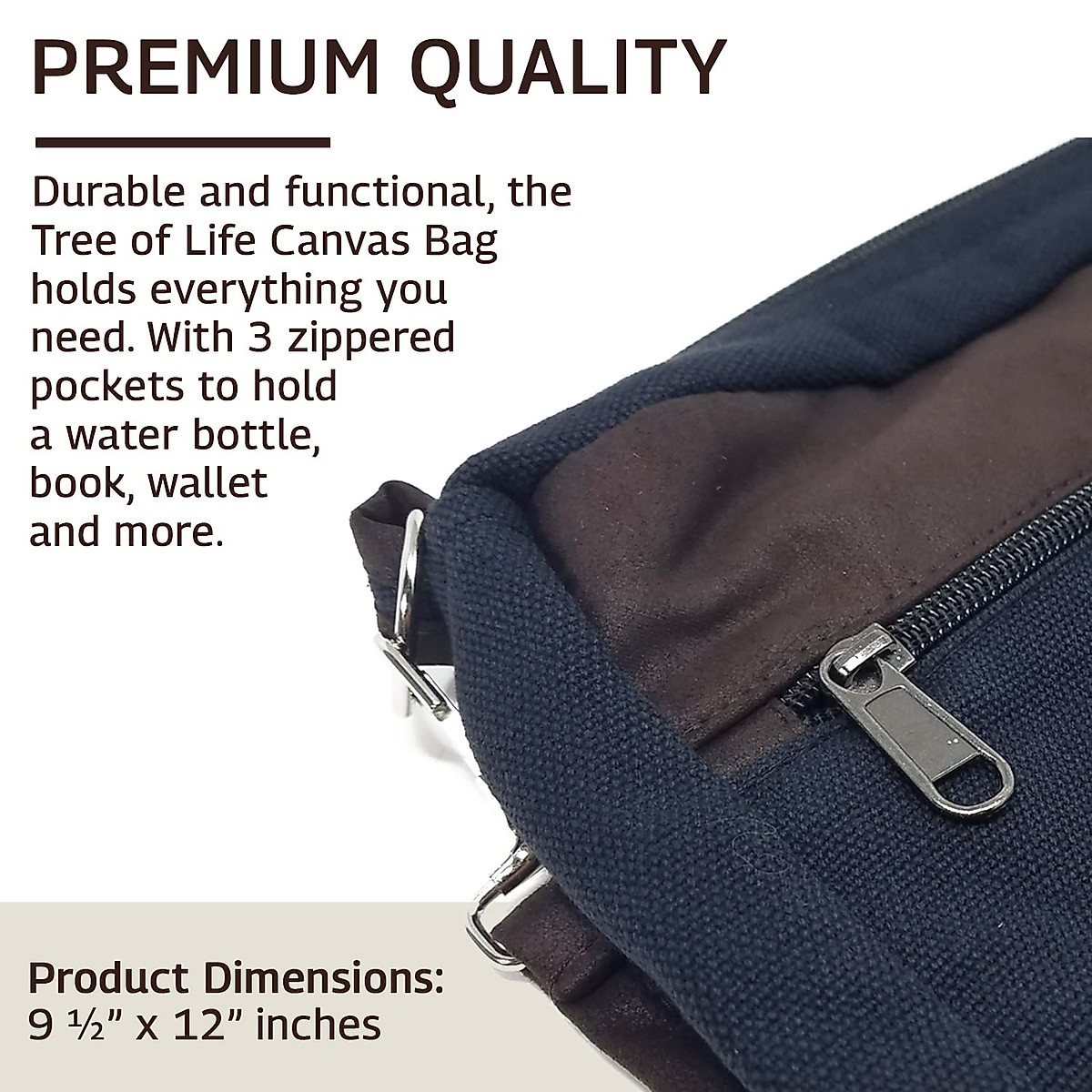 Canvas Crossbody Bag, Hippie Purse Handbag For Women, Top Zip Closure & Pockets, Adjustable and Removable Strap, 9 ½”W x 12”H