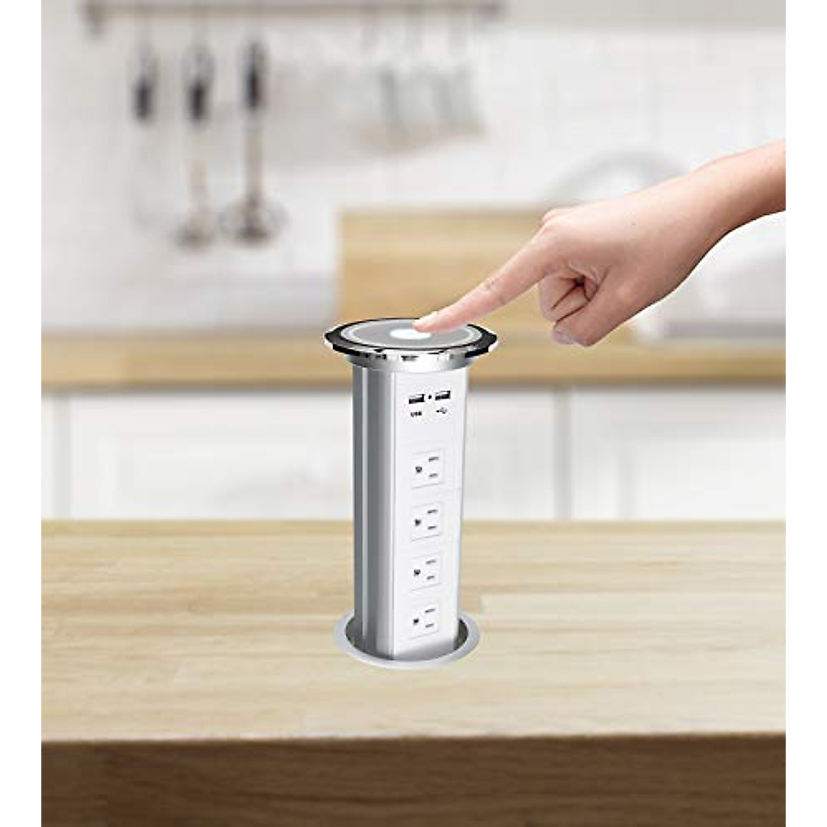 Kungfuking Intelligent Motorised Pop Up Socket Surge Protector Power Strip Retractable Power Strip with Dual USB Charging Stations for Kitchen Counter, Conference Room (White)