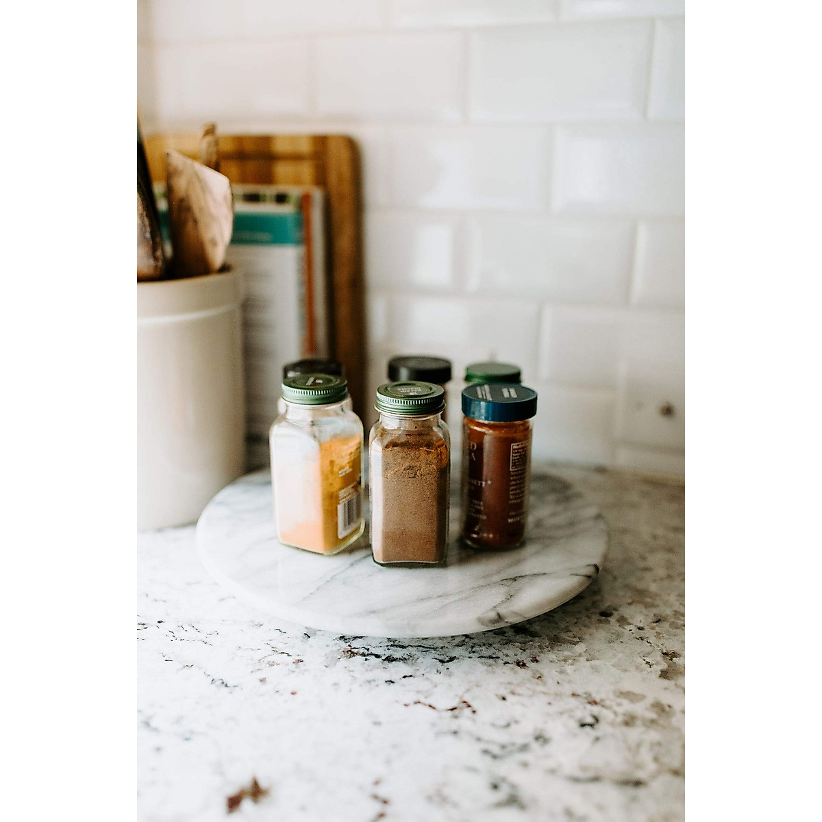 White Marble Lazy Susan 12 Inch Kitchen Turntable - Spice Organizer for Countertops and Cabinets
