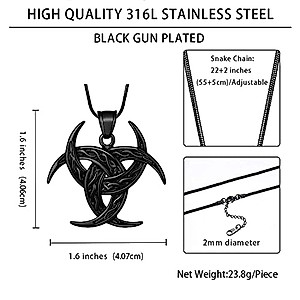 Celtic Knot Necklace Viking Pendant - Norse Mythology Jewelry Triple Odin Horn Crescent Moon Necklace Mens 316L Stainless Steel Triskelion Amulet Pewter Tribal Protection Triskele Jewelry SP0053B