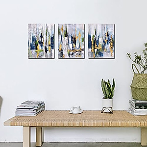 Yuegit Blue Abstract Canvas Wall Art for Living Room :3 Piece Wall Art Framed for Bedroom Wall Decor Coastal Abstract Wall Art Ready To Hang 12X16 Inch Each