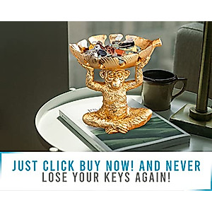 Adorable “Monkey” Candy Tray Made of Resin – Monkey Sculpture w/Split Leaf Dish for Snacks, Nuts, Candies & More – Decorative Holder w/Golden Finish for Keys or Jewelry – Ornament for Modern Decor