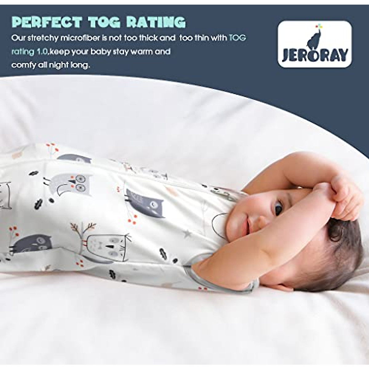 Jeroray Wearable Blanket-Stretchy Sleeping Bag,(0-6 Months) TOG 1.0,2-Pack,2 Way Zipper,Unisex,Owl&Solid Grey,Small