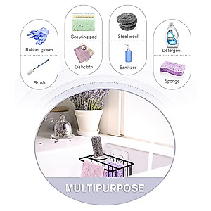 VIS'V 3 in 1 Sink Caddy Sponge Holder, 304 Stainless Steel Adhesive Kitchen Sink Basket Sponge Holder Brush Holder Dishcloth Hanger Kitchen Sink Accessories Organizer Rack with 2 Suction Cups - Black