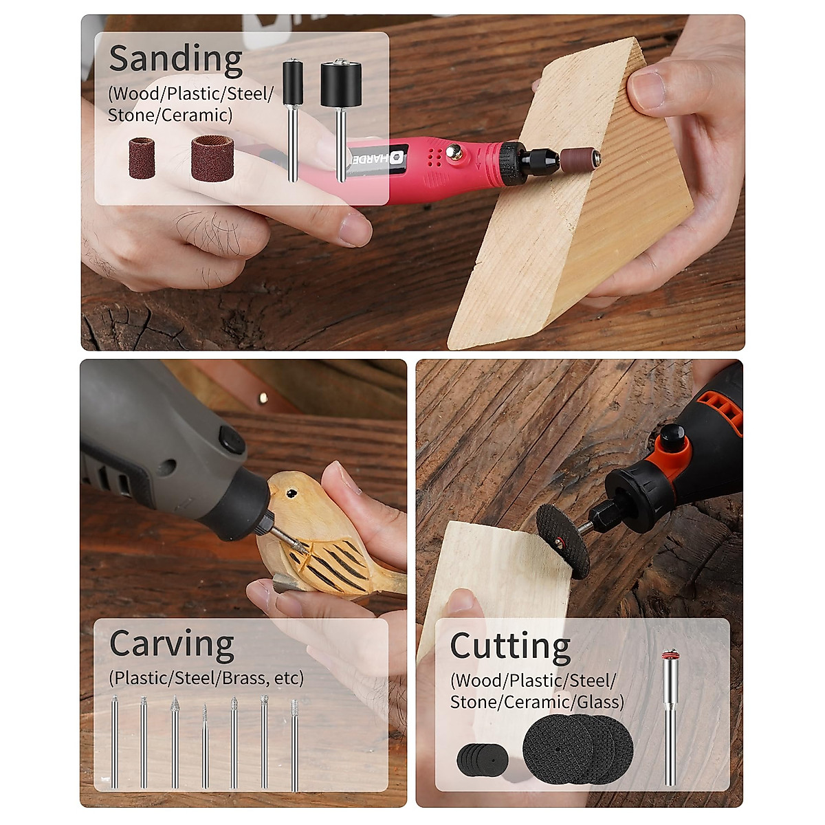 HARDELL Rotary Tool Accessories, 227pcs Power Rotary Tool Accessories Kit, 1/8"(3.2mm) Diameter Shanks, Universal Fitment for Easy Cutting, Polishing, Sanding, Carving, Grinding(Pink)