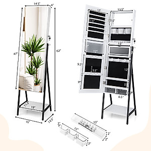 CHARMAID LED Strip Jewelry Armoire with 47.2" H Full Length Mirror, Lockable Jewelry Cabinet Organizer with 3-Color Lights, 3 Brush Boxes, 2 Drawers, Bottom Storage Shelf, Metal Frame (White)