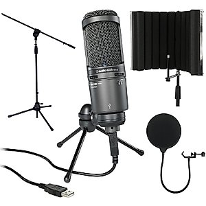 Audio-Technica AT2020USB+ Cardioid Condenser USB Microphone Kit with Isolation Shield and Pop Filter - Compatible with PC, Mac and Windows