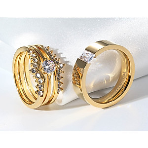 ringheart 2 Rings Couple Rings Three stone Yellow Gold Plated Cz Womens 3pcs Wedding Ring Sets Titanium Steel Men Wedding Bands