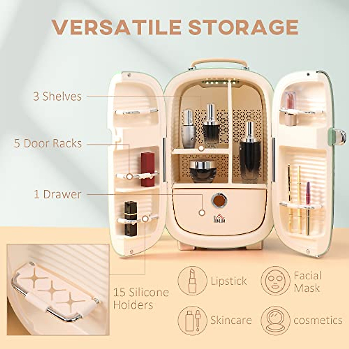 HOMCOM Portable Skincare Fridge, 12L Mini Fridge for Bedroom, Office, Dorm and Car, Thermoelectric Cooler and Warmer Refrigerator for Beauty, Makeup and Cosmetics, Green