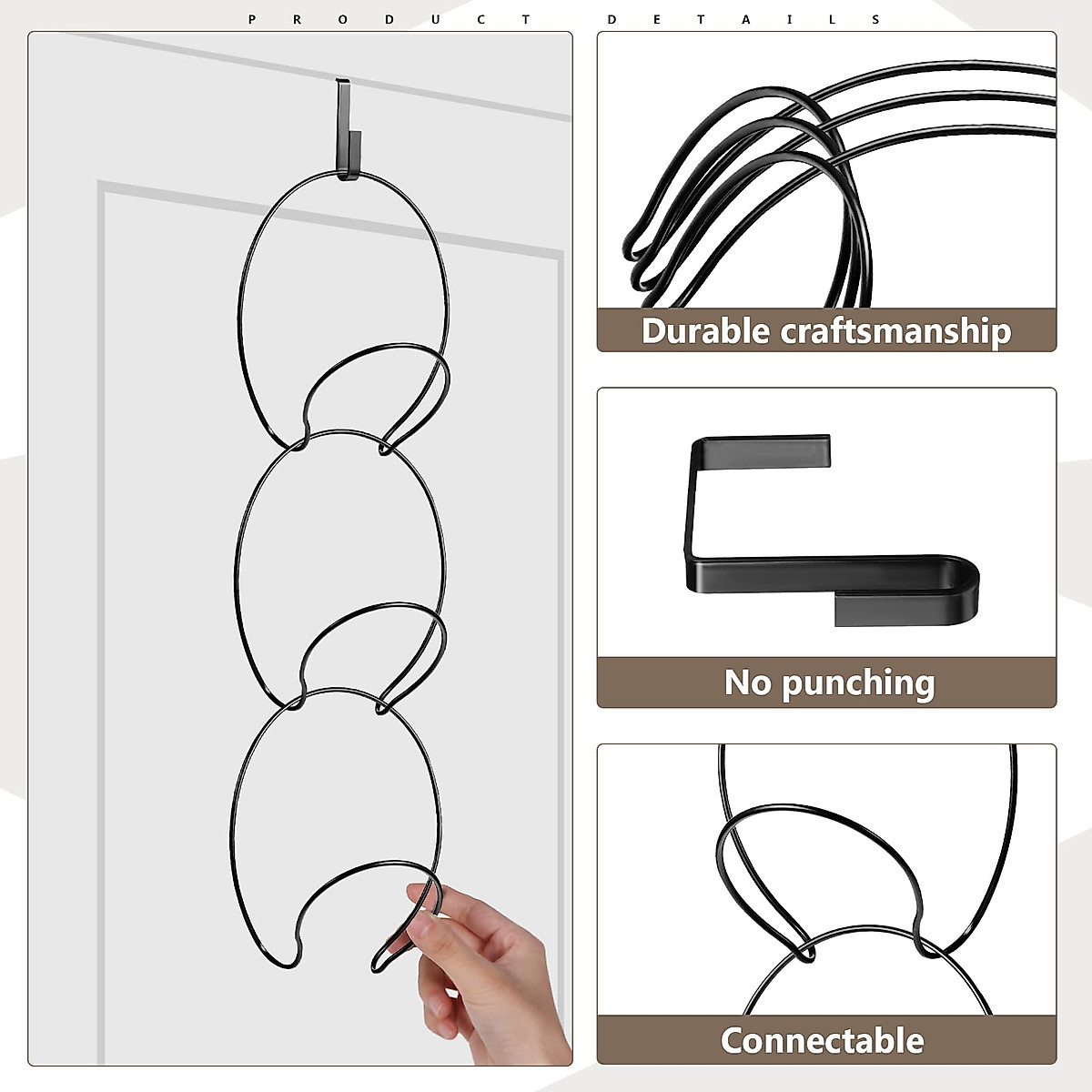 Yerliker 16 Pieces Hat Rack Wig Holder Over The Door Baseball Hat Holder Wall Mounted Hanging Hat Wig Organizer for Closet Display Storage Rack with 2 Hooks for Tie Scarf (Black)