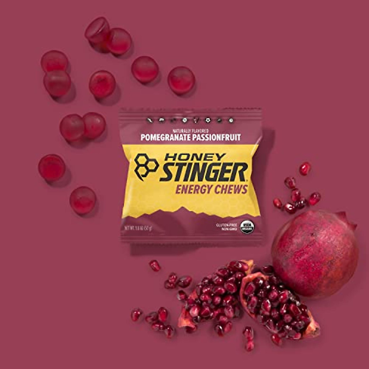 Honey Stinger Organic Pomegranate Passionfruit Energy Chew | Gluten Free & Caffeine Free | for Exercise, Running and Performance | Sports Nutrition for Home & Gym, Pre and Mid Workout | 12 Pack
